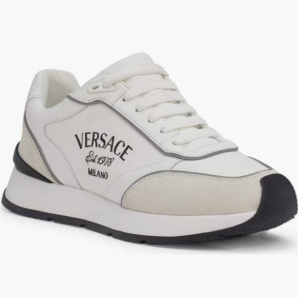 Versace | Shoes | Versace Cream And Black Logo Sneakers | Poshmark